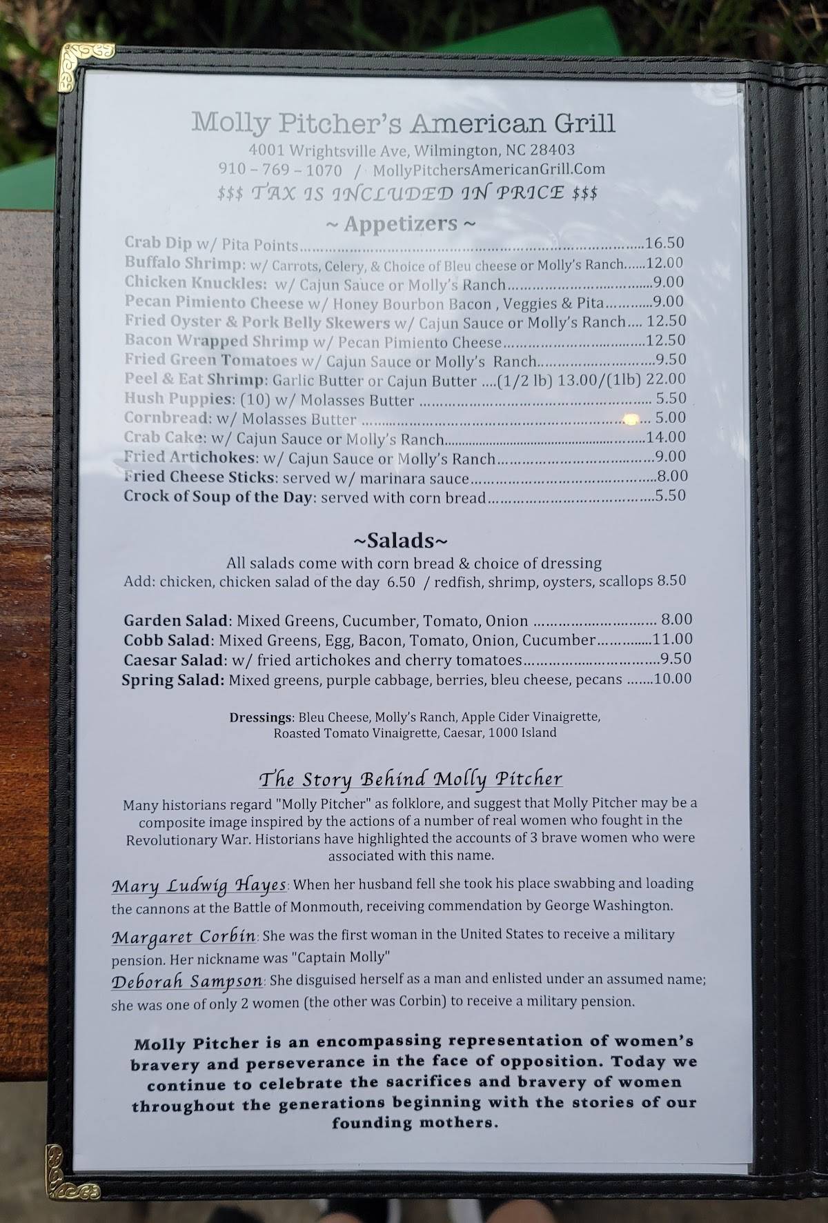 Menu at Molly Pitcher's American Grill restaurant, Wilmington