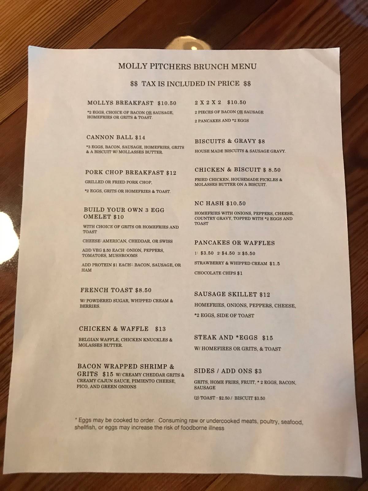 Menu at Molly Pitcher's American Grill restaurant, Wilmington