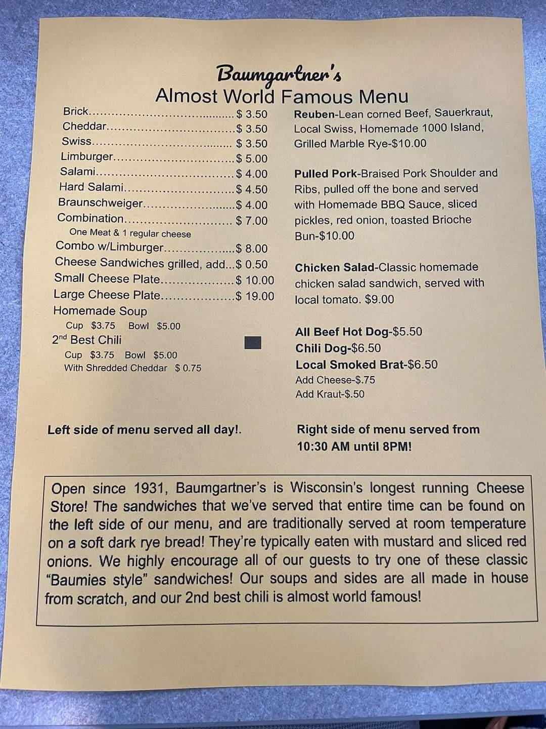 Menu at Baumgartner's Cheese Store & Tavern pub & bar, Monroe