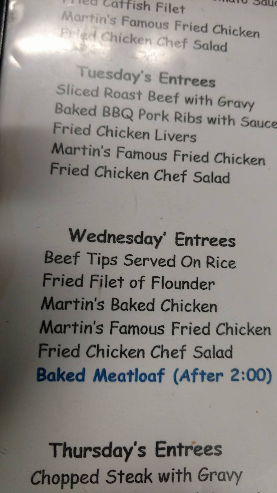 Menu at Martin's Restaurant, Montgomery