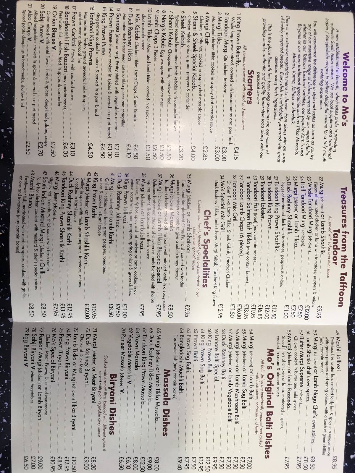 Menu at Mo's restaurant, Penarth