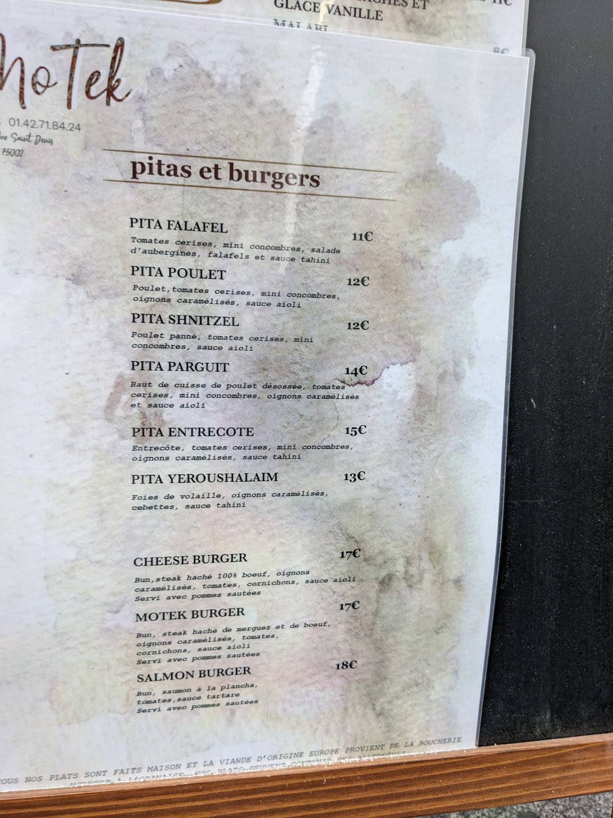 Menu at Motek Restaurant - Cuisine Israélienne-Paris 2, Paris