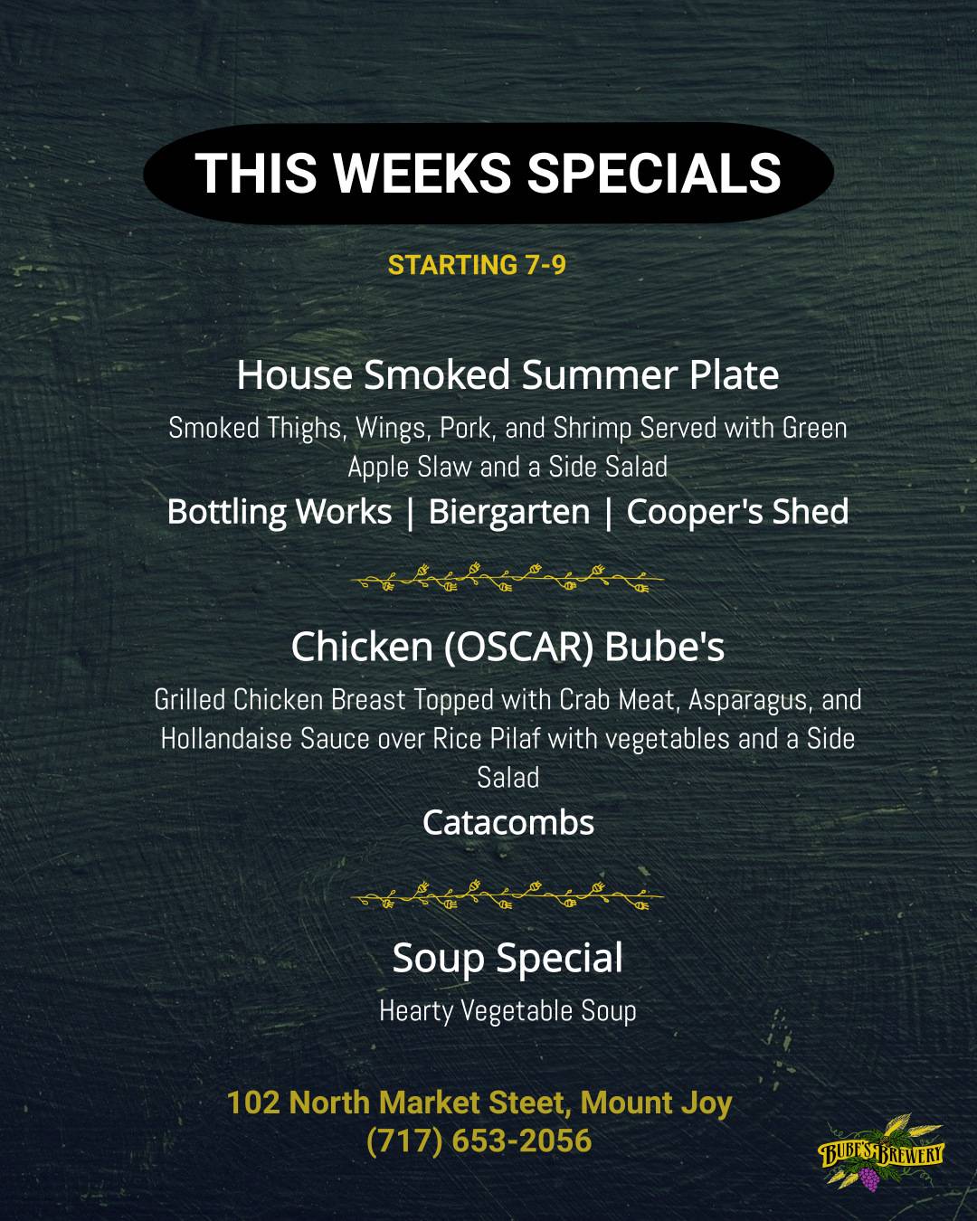 Menu at Bube's Brewery pub & bar, Mount Joy, 102 N Market St