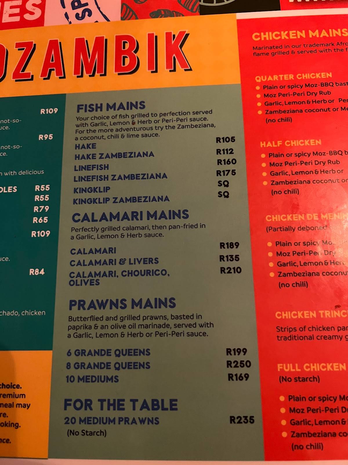 Speisekarte von Mozambik Durbanville restaurant, Kapstadt