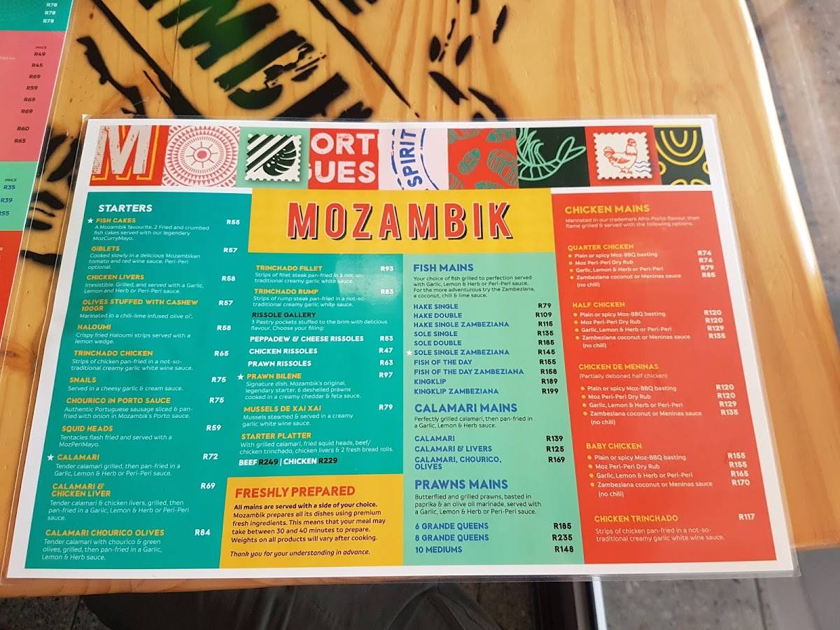 Menu at Mozambik V & A Waterfront restaurant, Cape Town