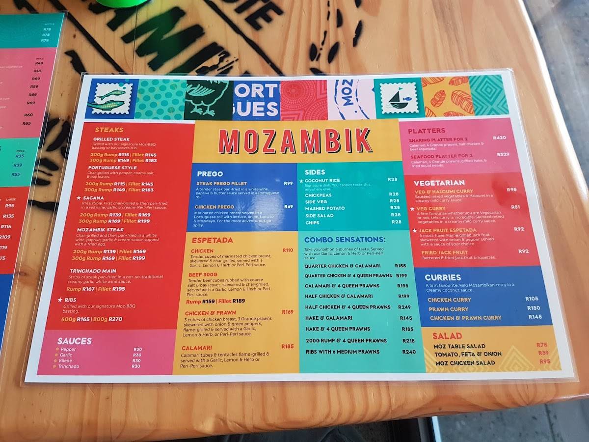 Menu at Mozambik V & A Waterfront restaurant, Cape Town