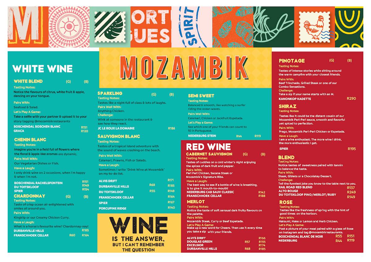 Menu at Mozambik V & A Waterfront restaurant, Cape Town