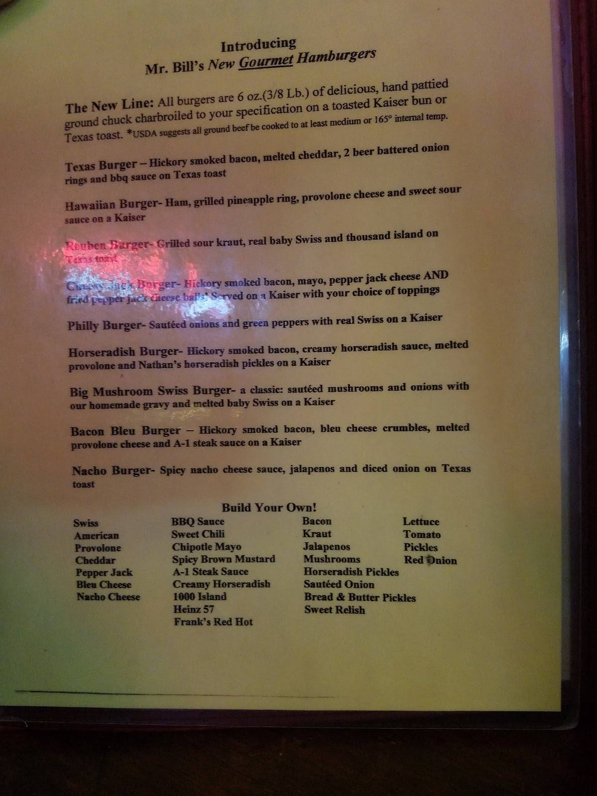 Menu at Mr Bill's Bar & Grill, Quincy