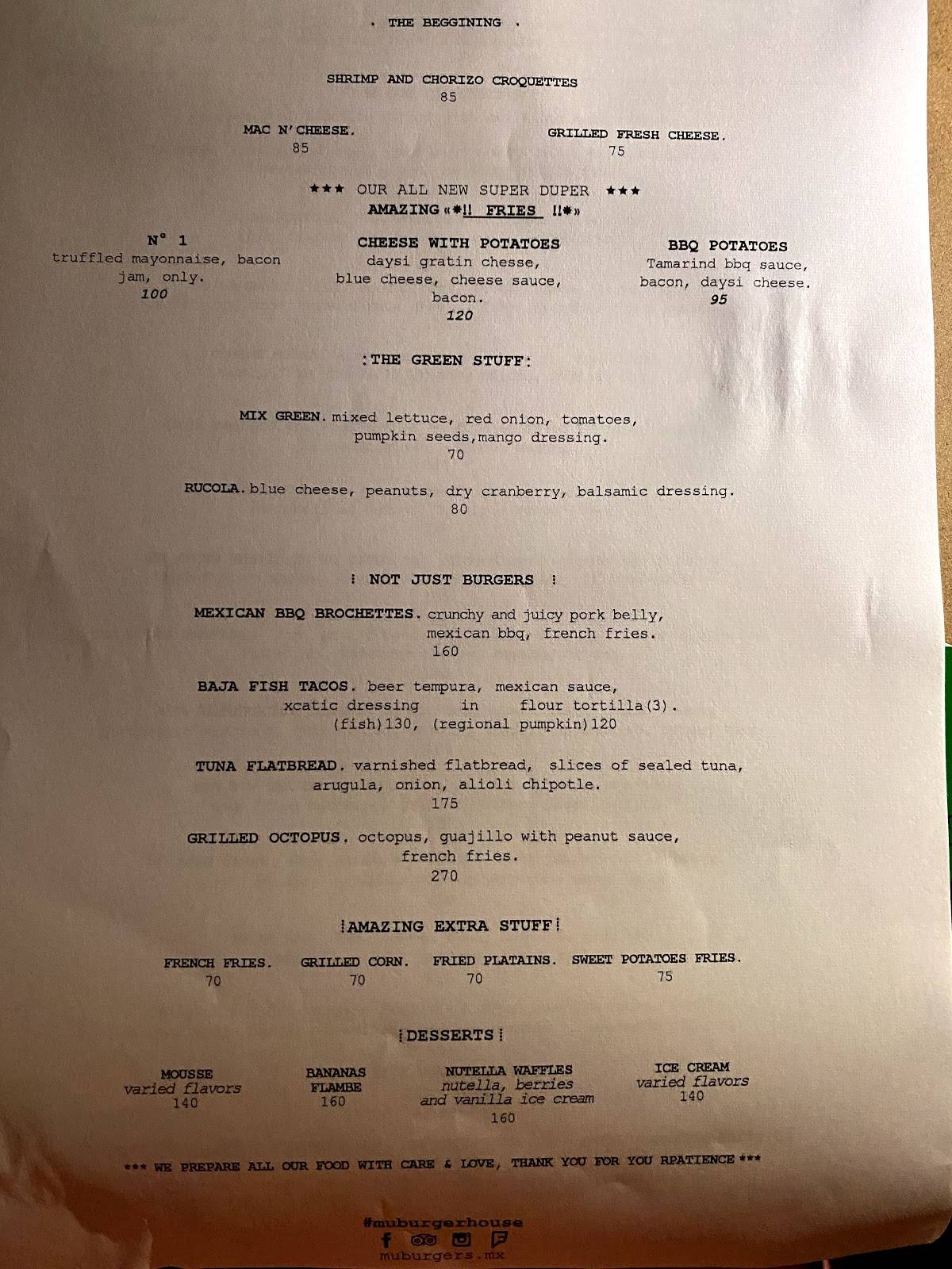 Menu at Mu. Burgerhouse restaurant, Playa del Carmen, 40 Avenida Nte. 11