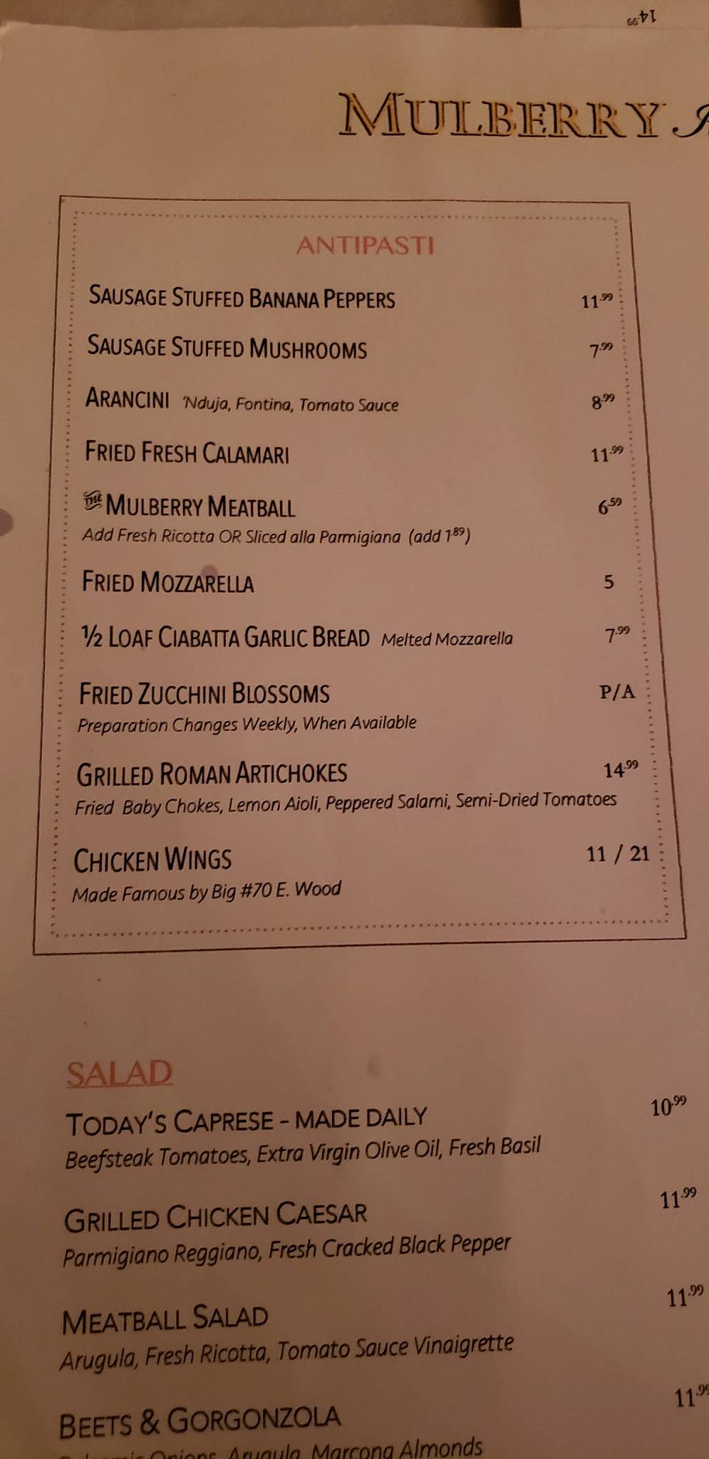 Menu at Mulberry Italian Ristorante pub & bar, Lackawanna