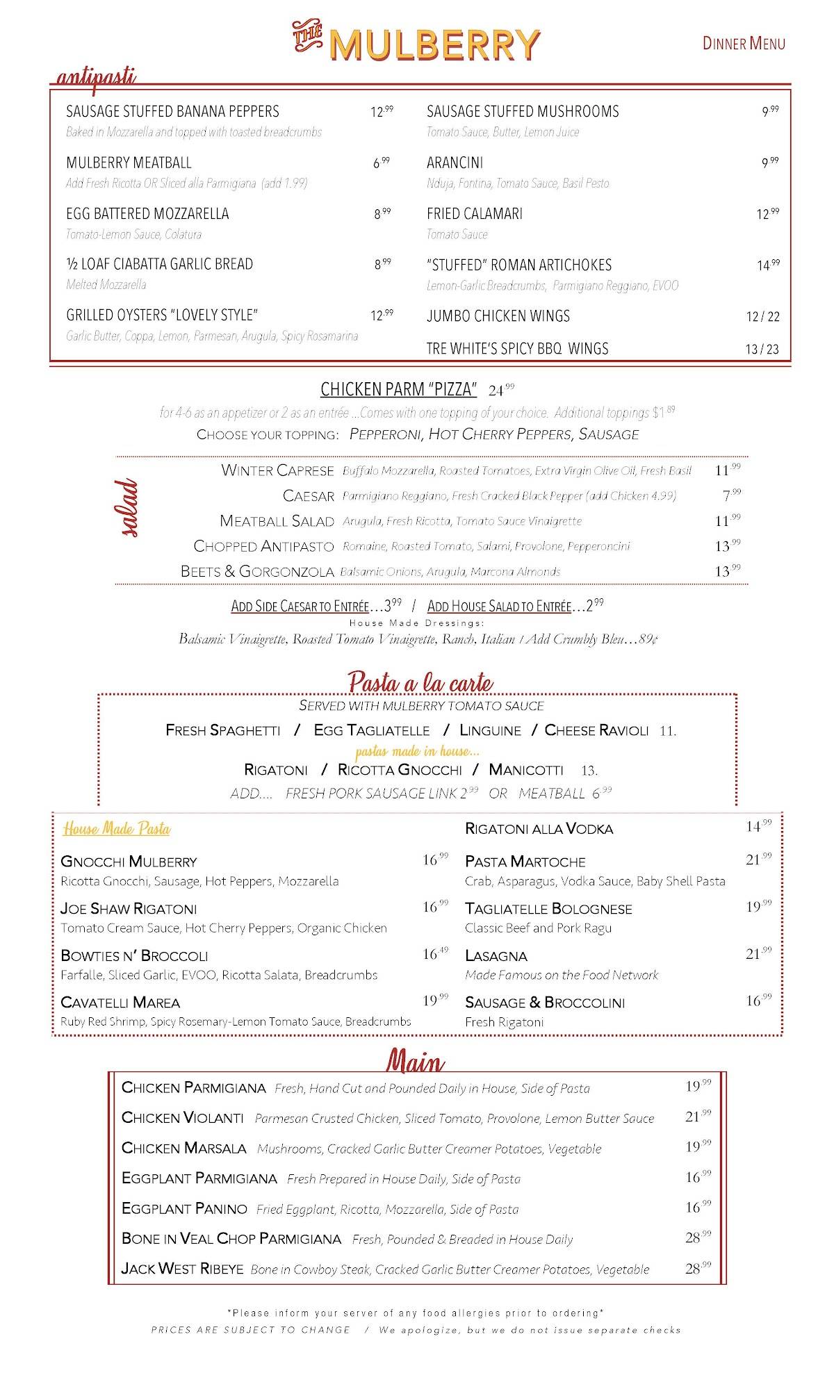 Menu at Mulberry Italian Ristorante pub & bar, Lackawanna