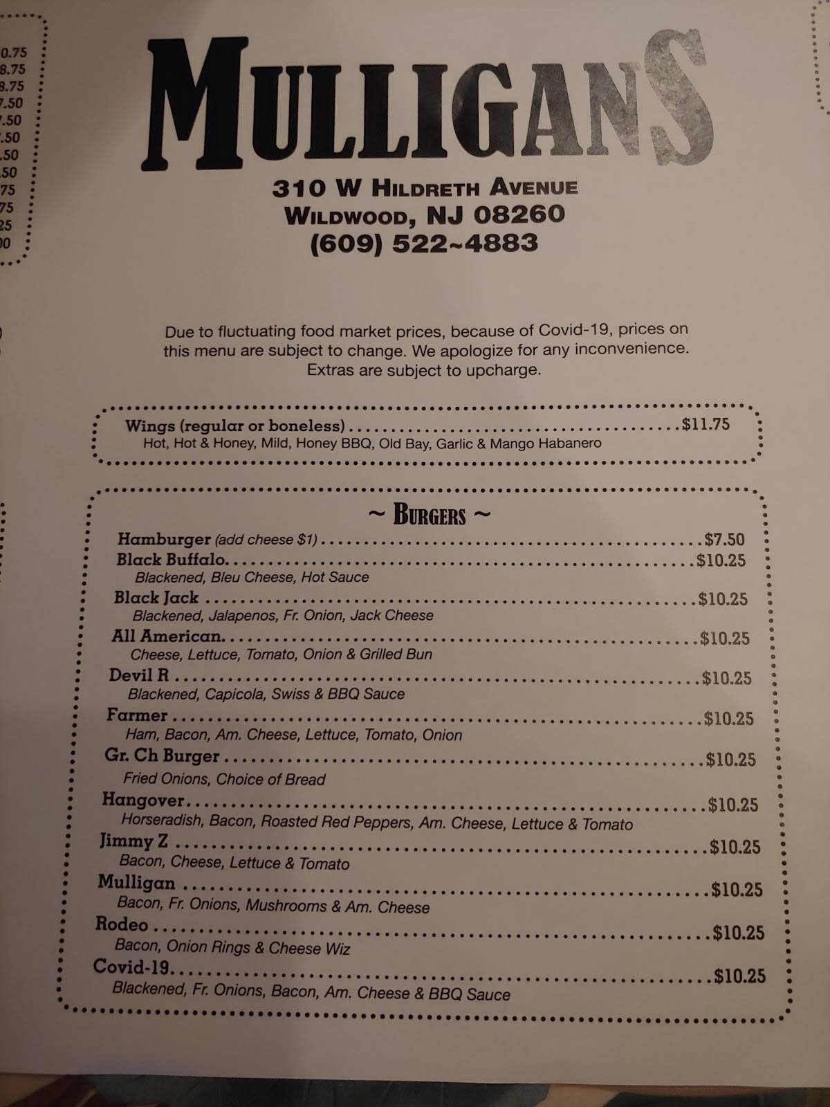 Menu at Mulligan's Shore Bar & Grill, Wildwood, 310 W Hildreth Ave