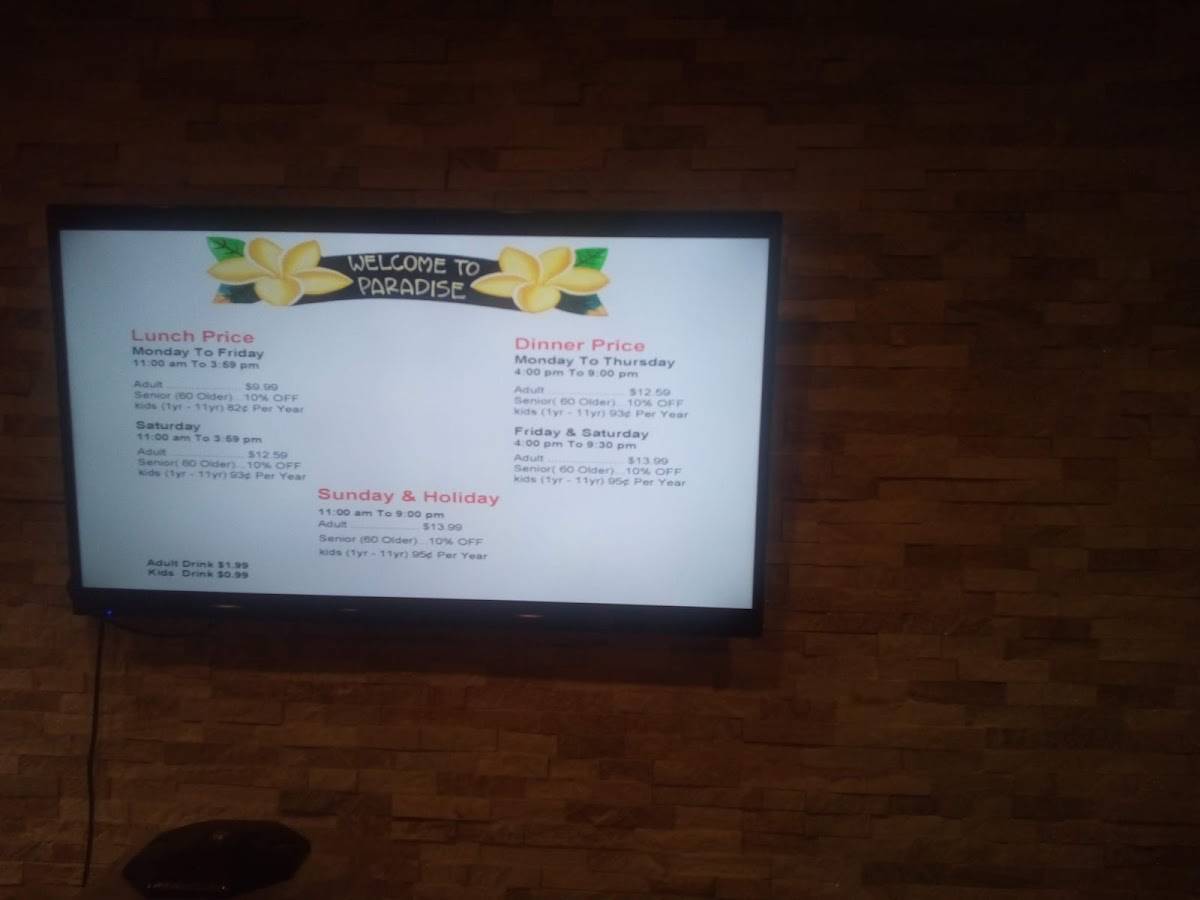 Menu at Paradise Buffet restaurant, Murray