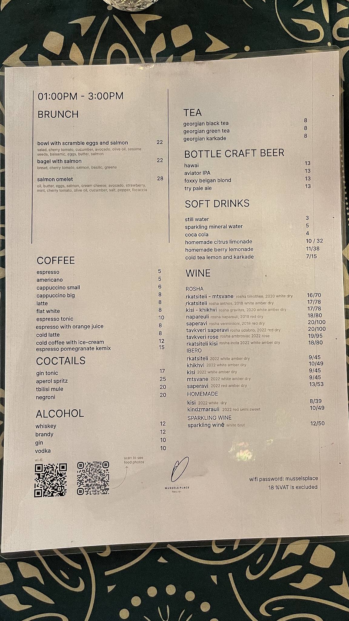 Menu at Mussels Place restaurant, Tbilisi