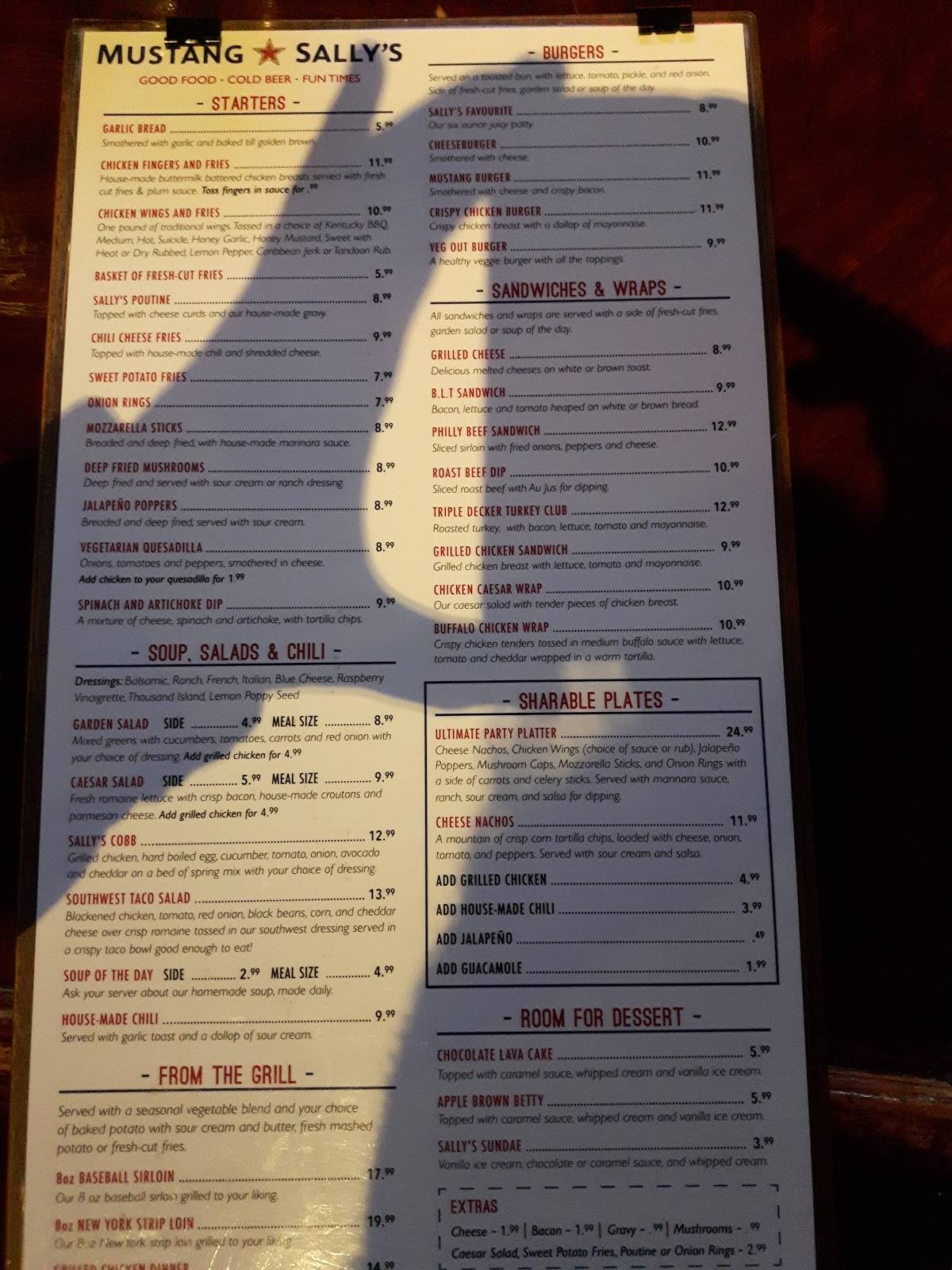 Menu at Mustang Sally's pub & bar, London