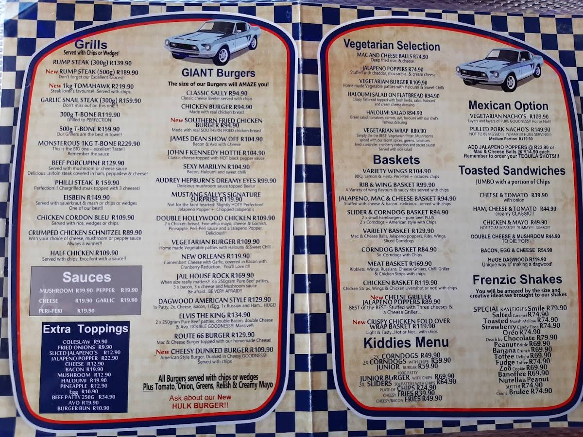 Menu at Mustang Sally's Pub & Diner, Pretoria, Pretorius St