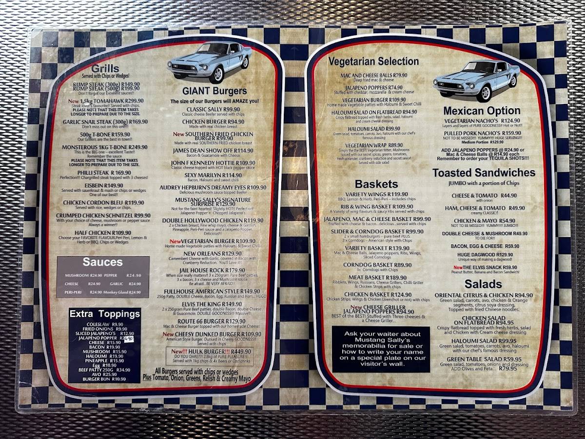 Menu at Mustang Sally's Pub & Diner, Pretoria, Pretorius St