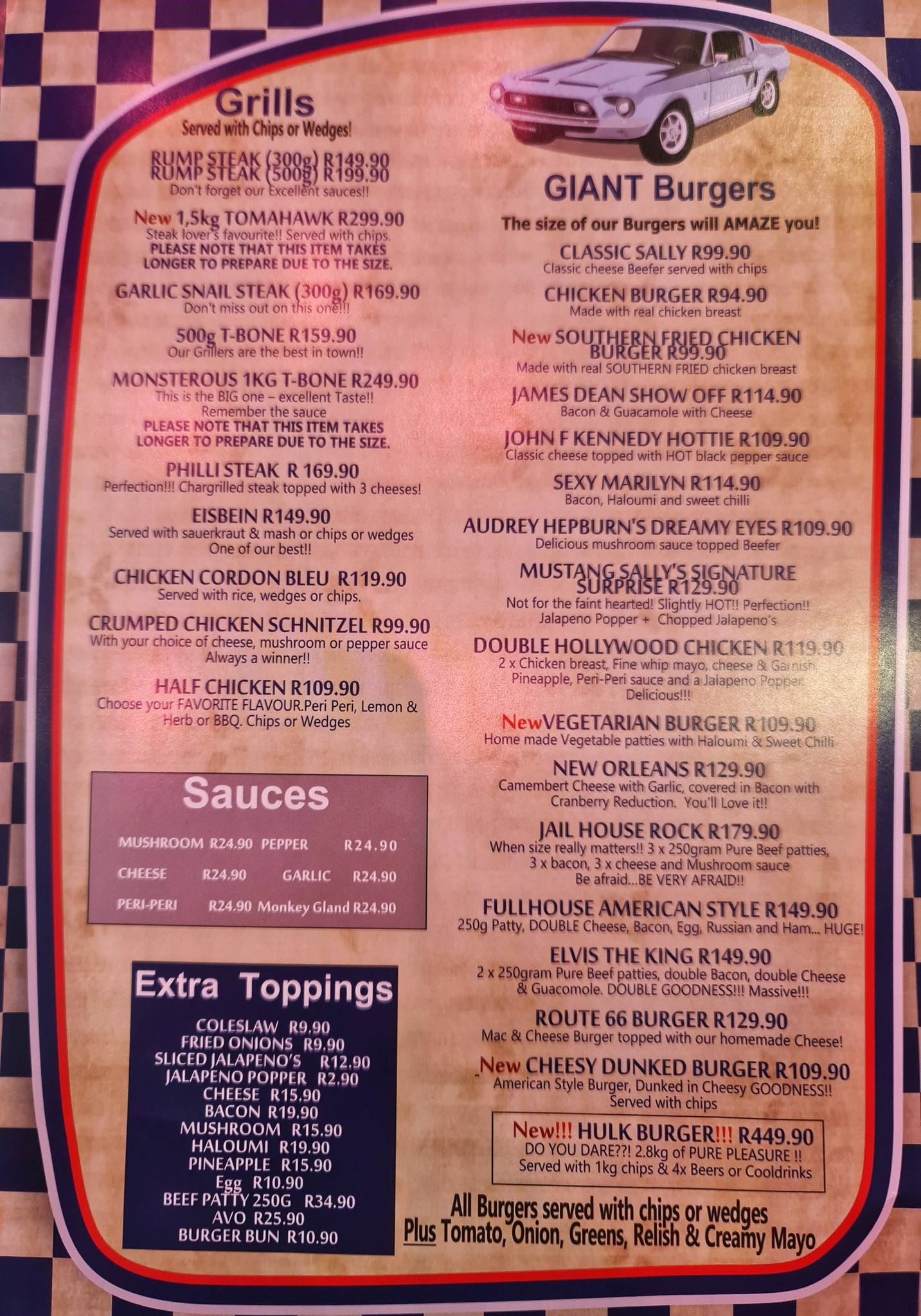 Menu at Mustang Sally's Pub & Diner, Pretoria, Pretorius St