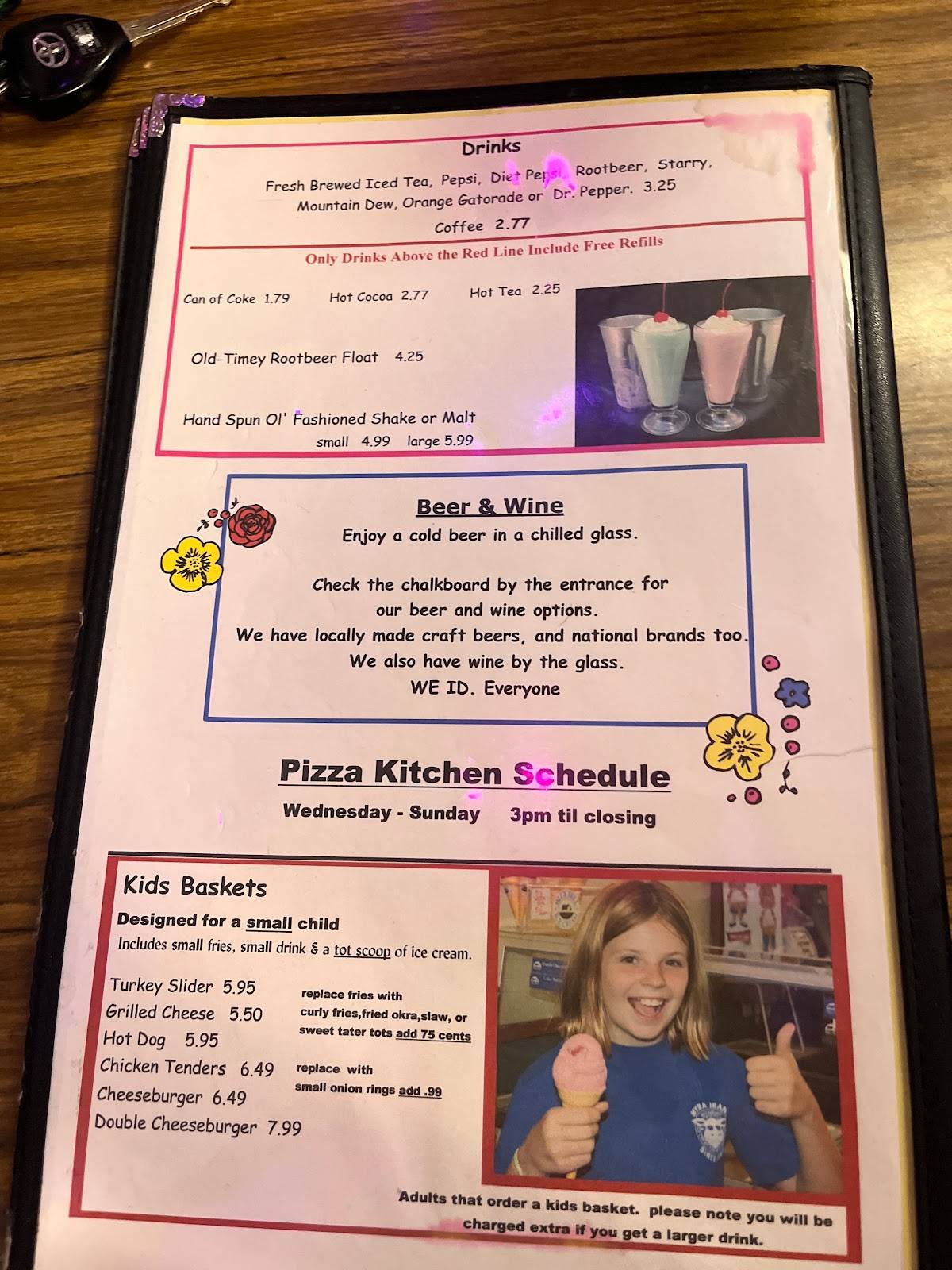 Menu at Myra Jean's restaurant, Crawfordville
