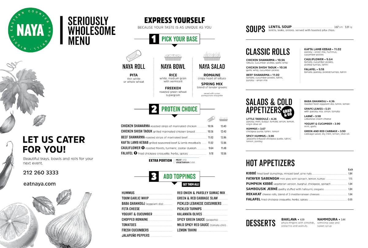 Carta del restaurante NAYA - Moynihan Train Hall, West New York