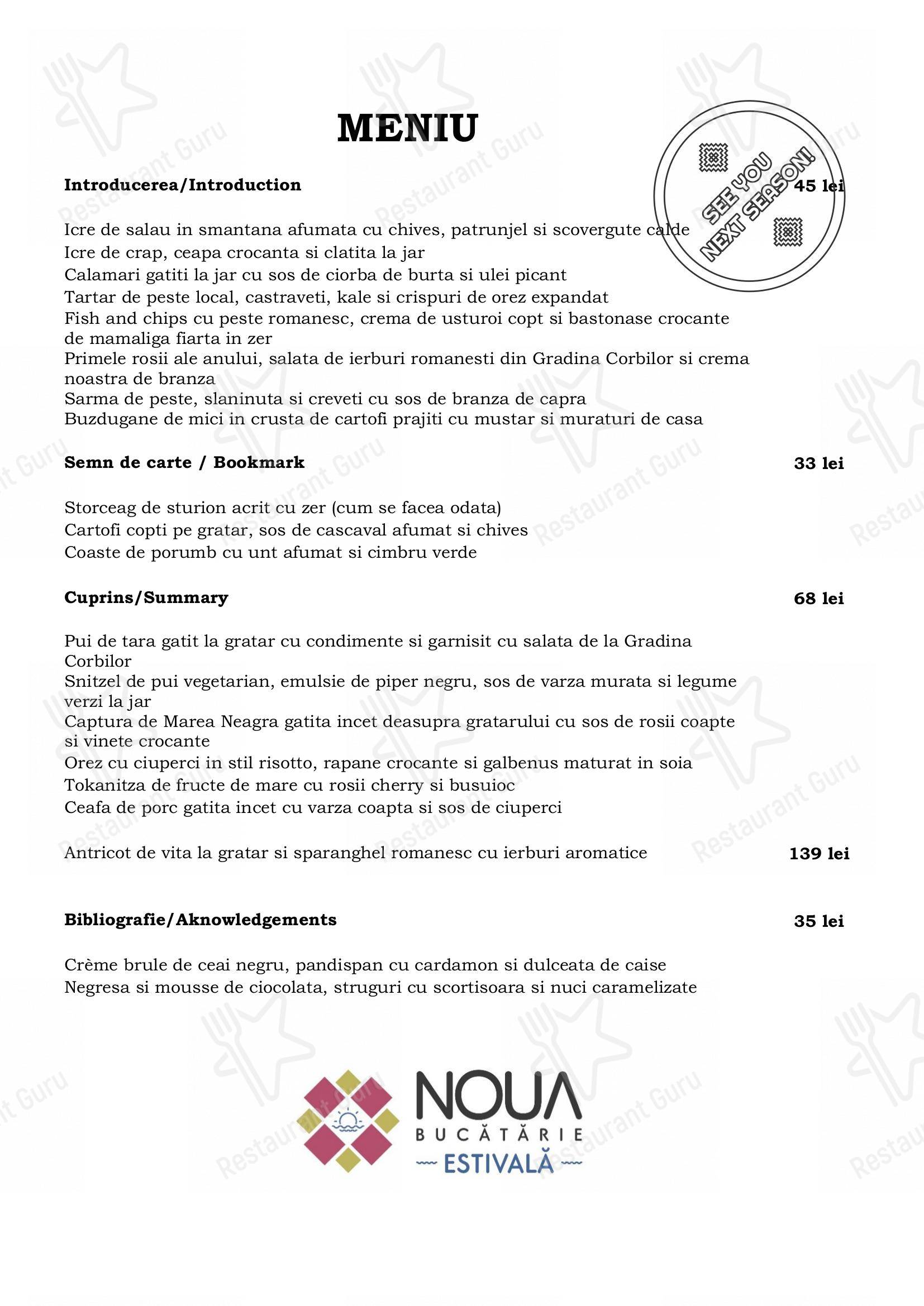 Menu at NOUA. Bucătărie Românească, Bucharest