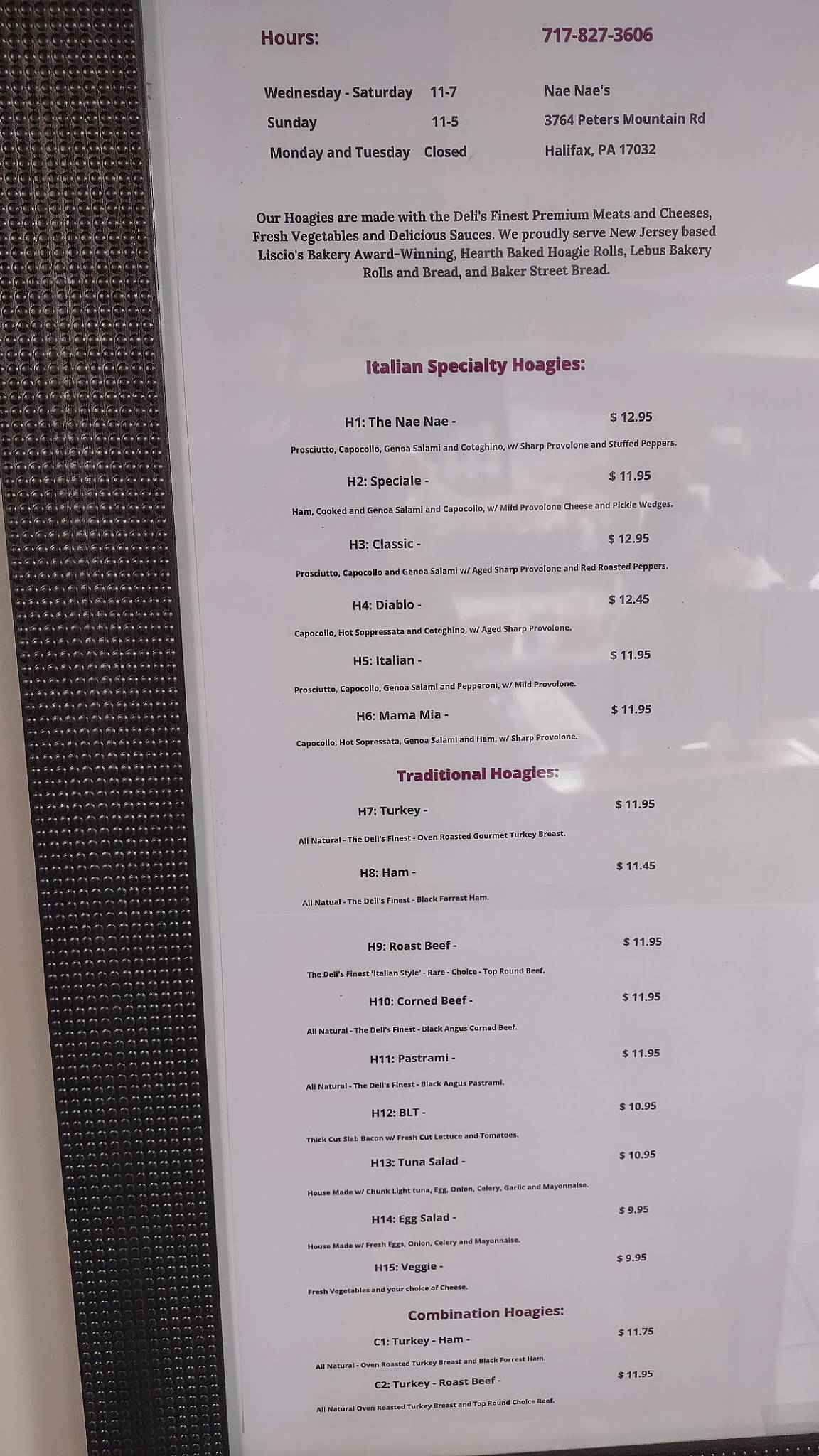 Menu at Nae Nae's restaurant, Halifax
