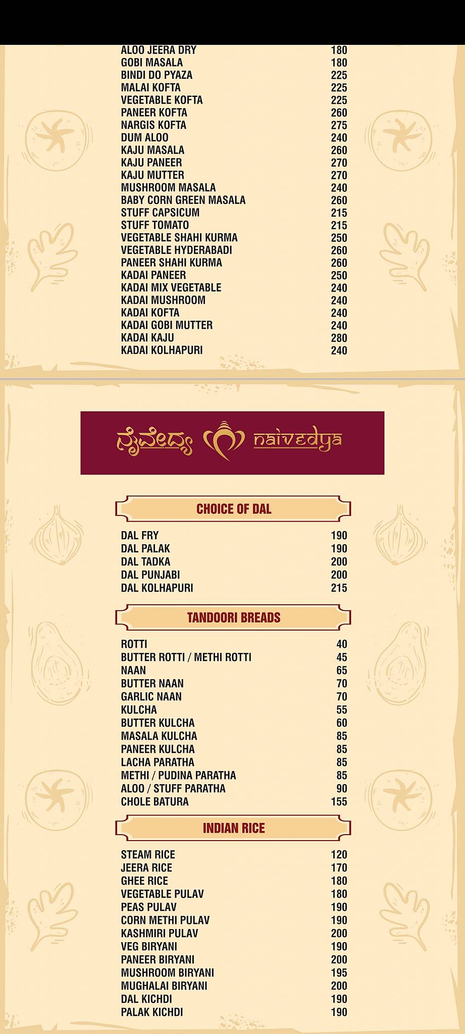 Menu at Naivedya, Pure Veg, Bengaluru