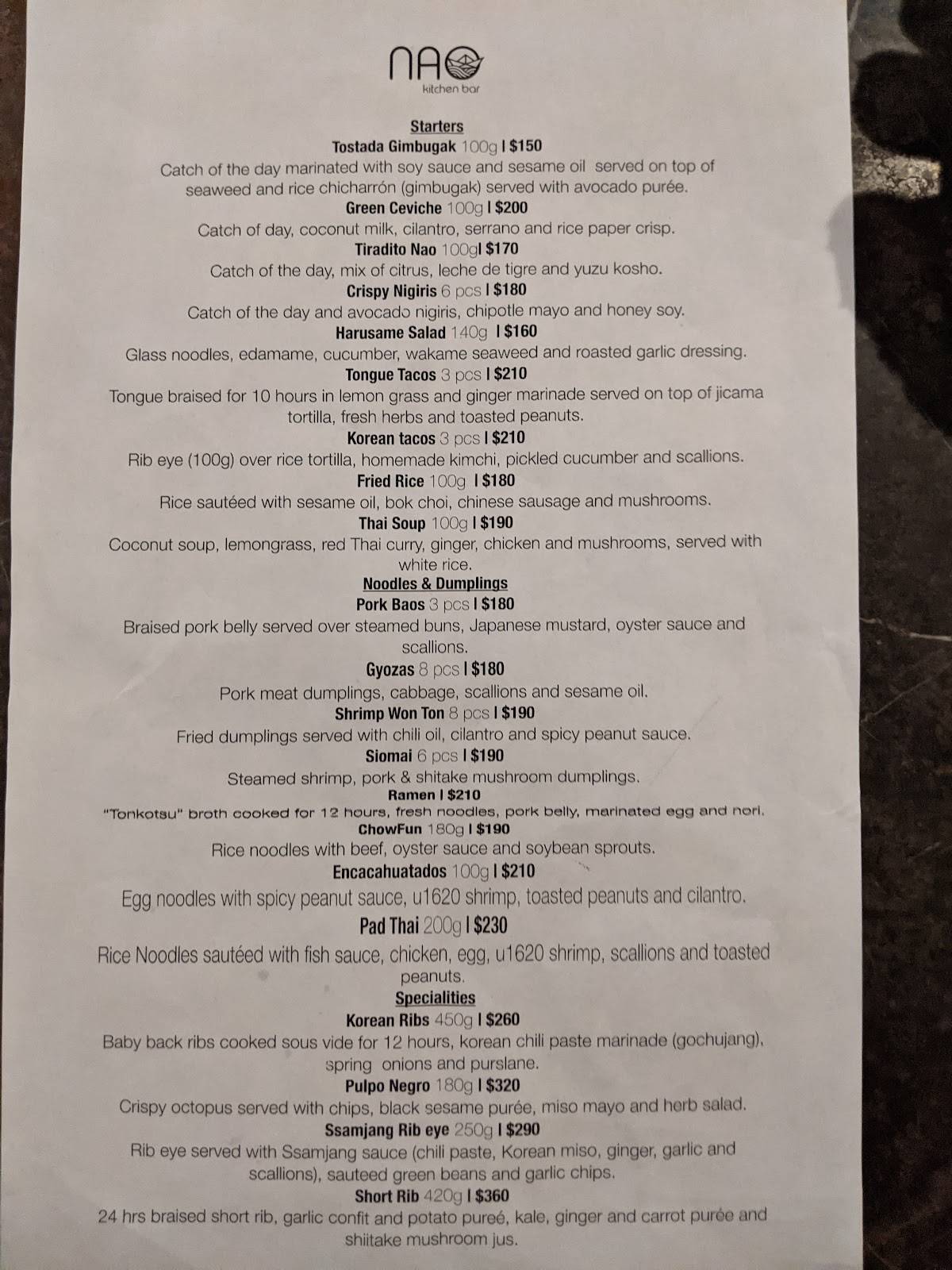 Menu at Nao Kitchen Bar, Mazatlán