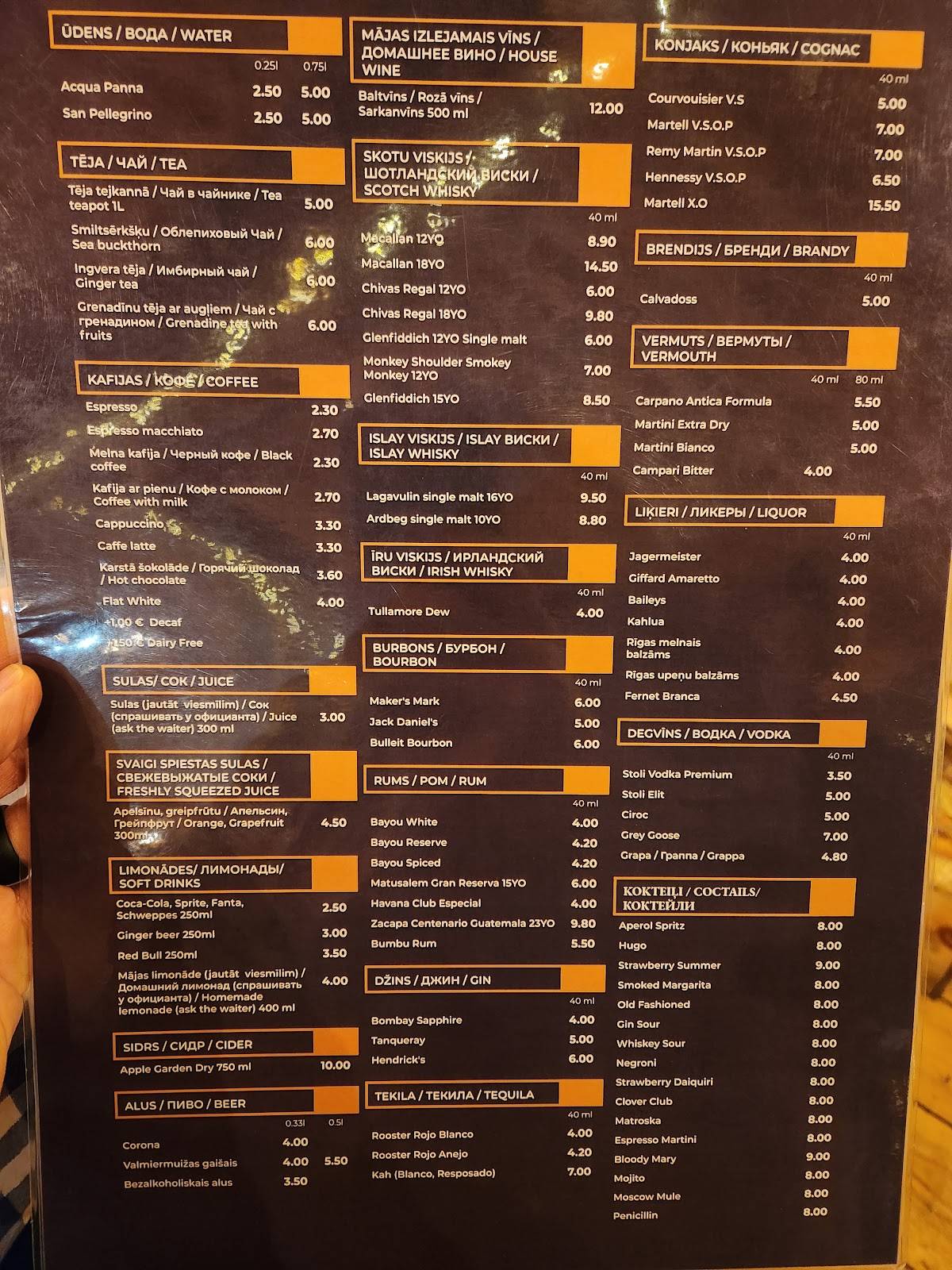 Menu at Naples restaurant, Riga, Andrejostas iela 5
