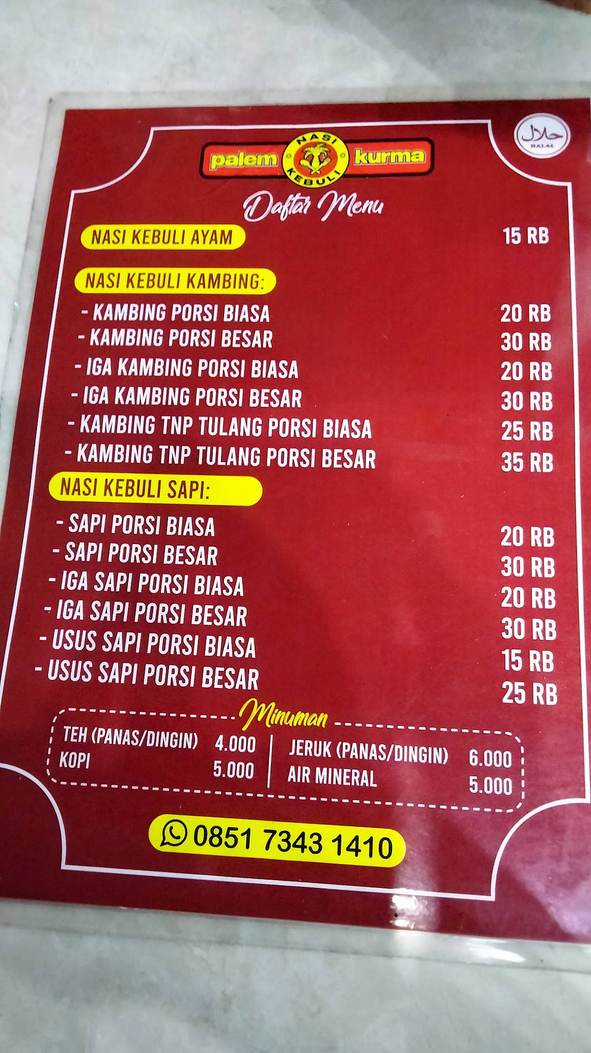 Menu at Nasi kebuli palem kurma restaurant, Malang