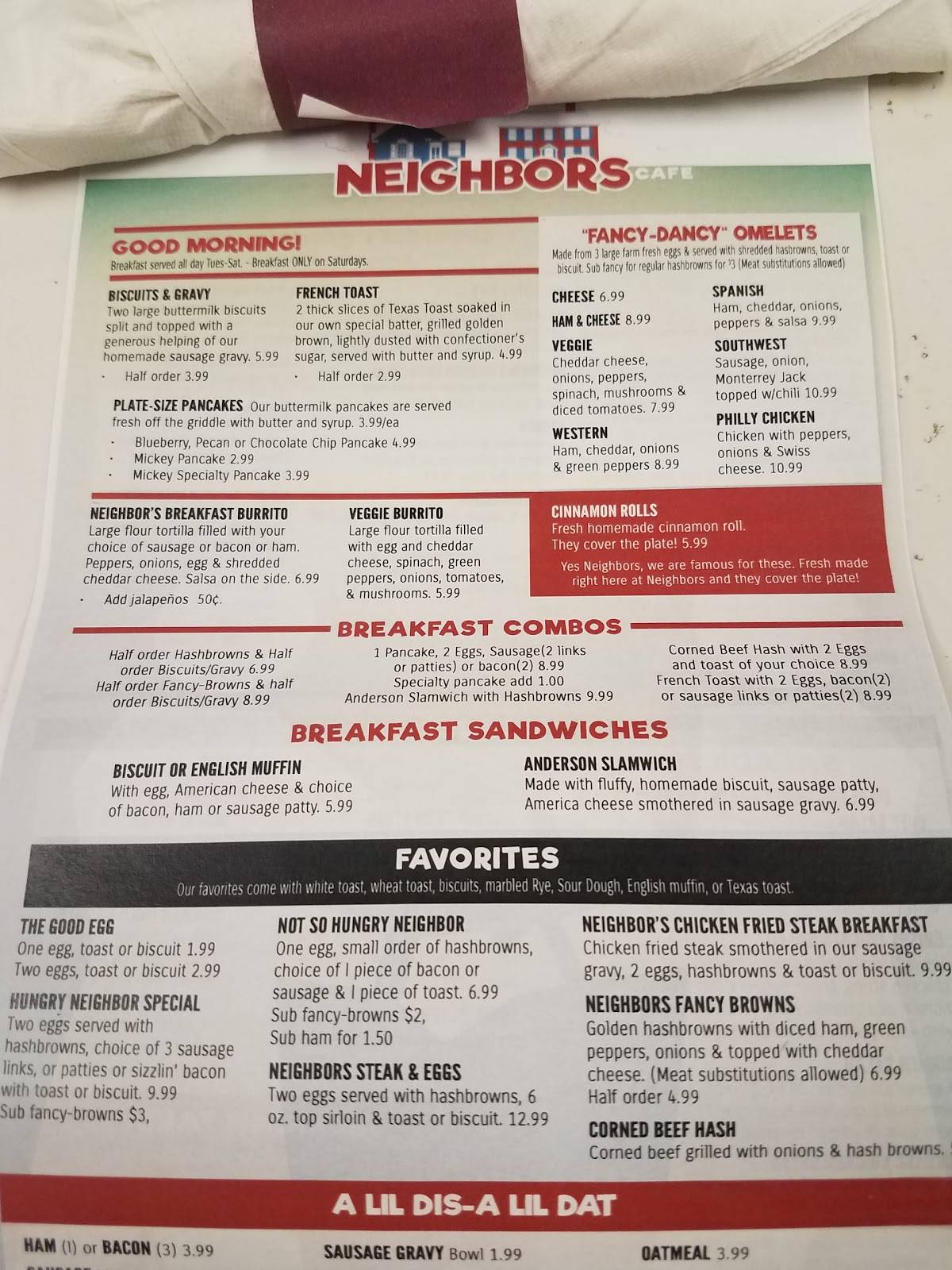 Menu at Neighbors Café restaurant, McPherson