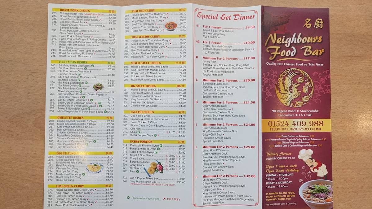 Menu at Neighbours Food Bar, Morecambe