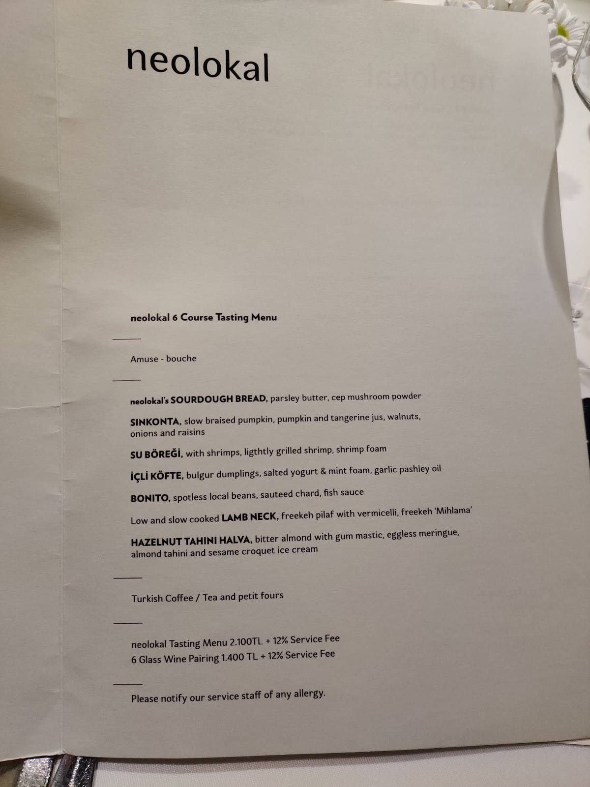 Menu at Neolokal, Istanbul, Mahı