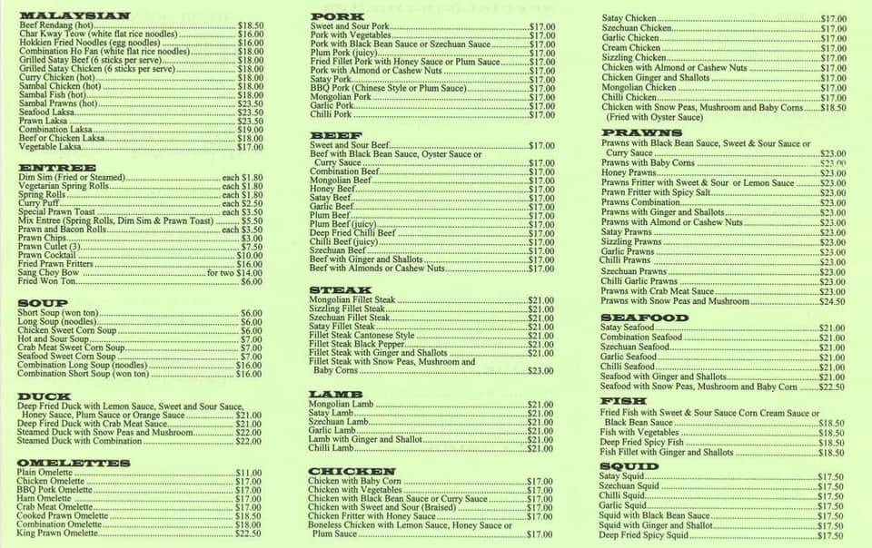Menu at New Cathay Chinese Restaurant, Queanbeyan