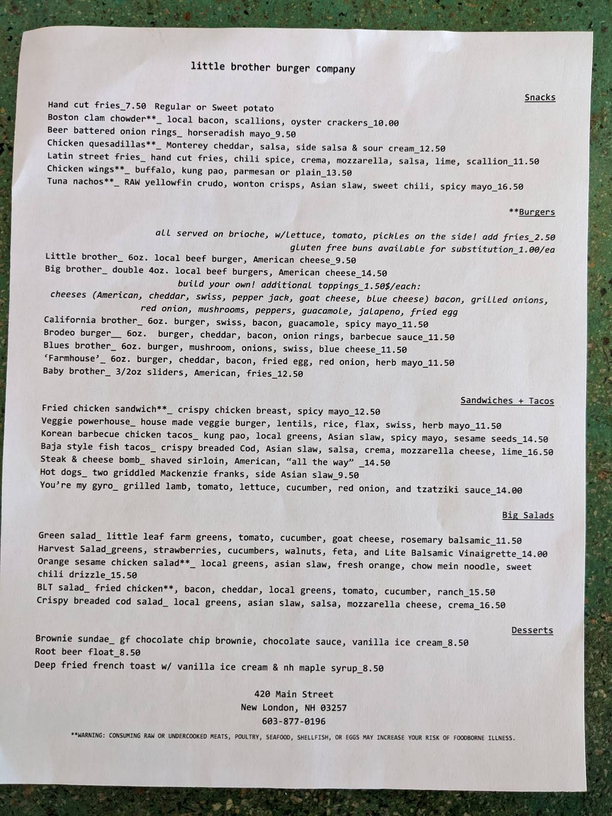 Menu at Little Brother Burger Company restaurant, New London