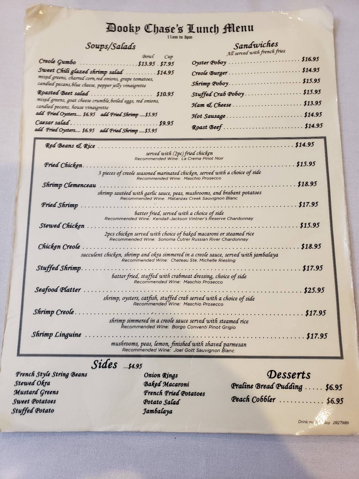Menu at Dooky Chase Restaurant, New Orleans