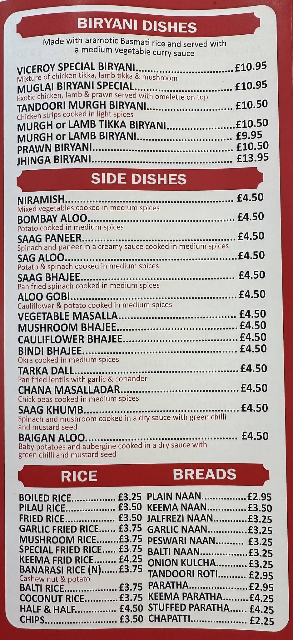 Menu at New Viceroy restaurant, Hengoed
