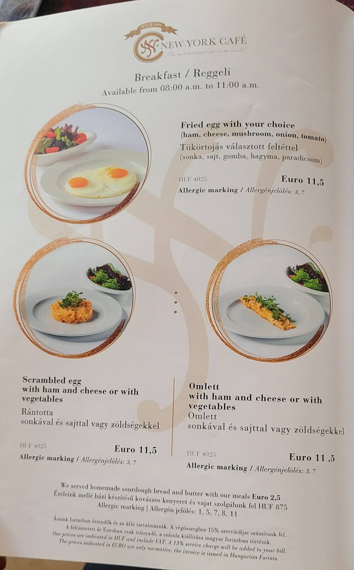 Menu at New York Café cafe, Budapest, Erzsébet krt. 9-11