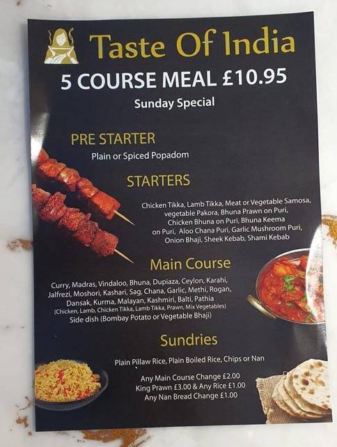 Menu at Taste of India restaurant, Newcastle upon Tyne