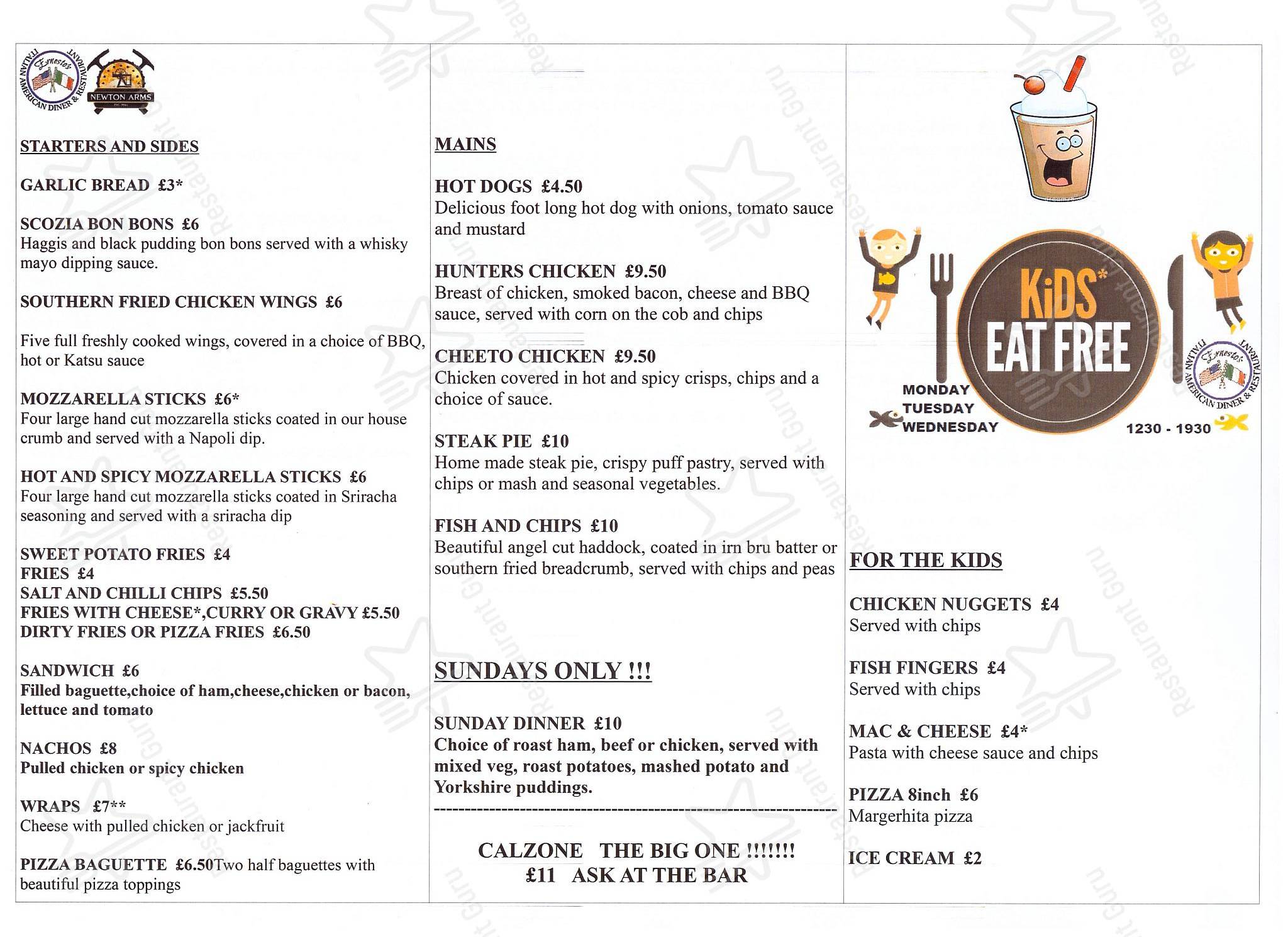 Menu at Newton Arms pub & bar, Glasgow