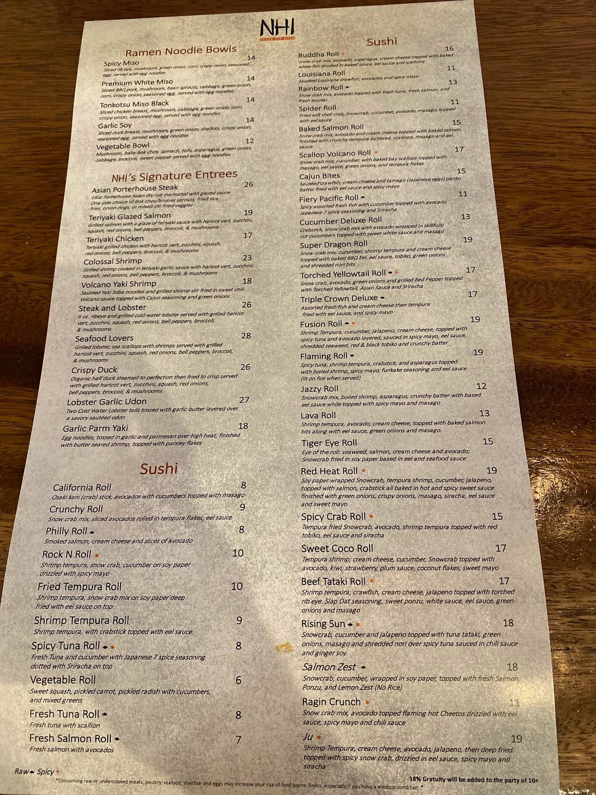 Menu at Nhi Taste of Asia restaurant, Lafayette