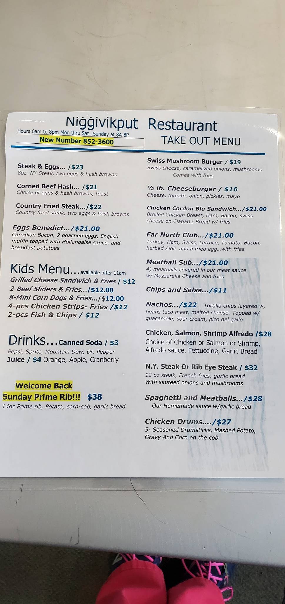 Menu at Niġġivikput restaurant, Utqiagvik