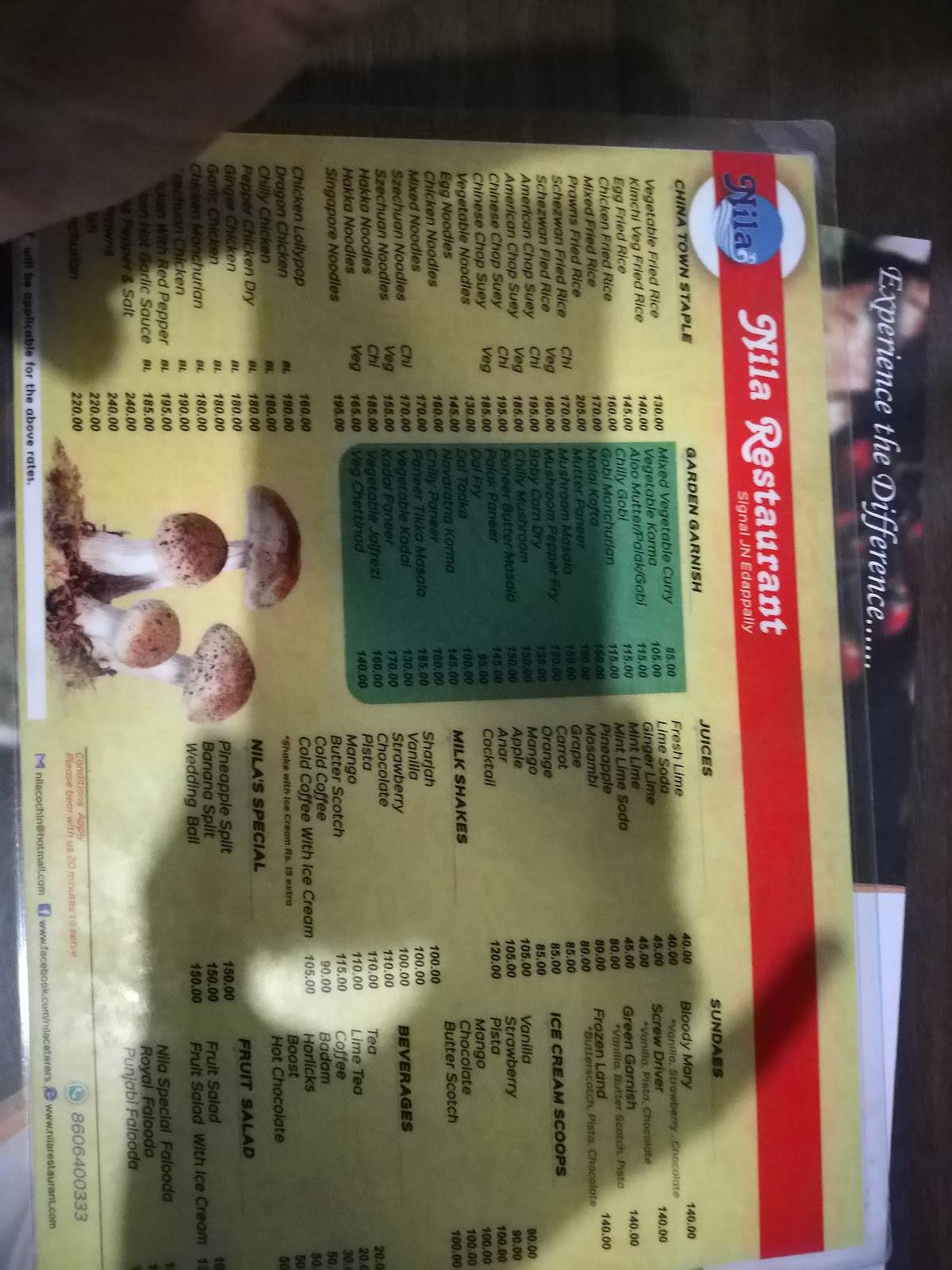Menu at Nila Food Court Lulu Mall, Ernakulam