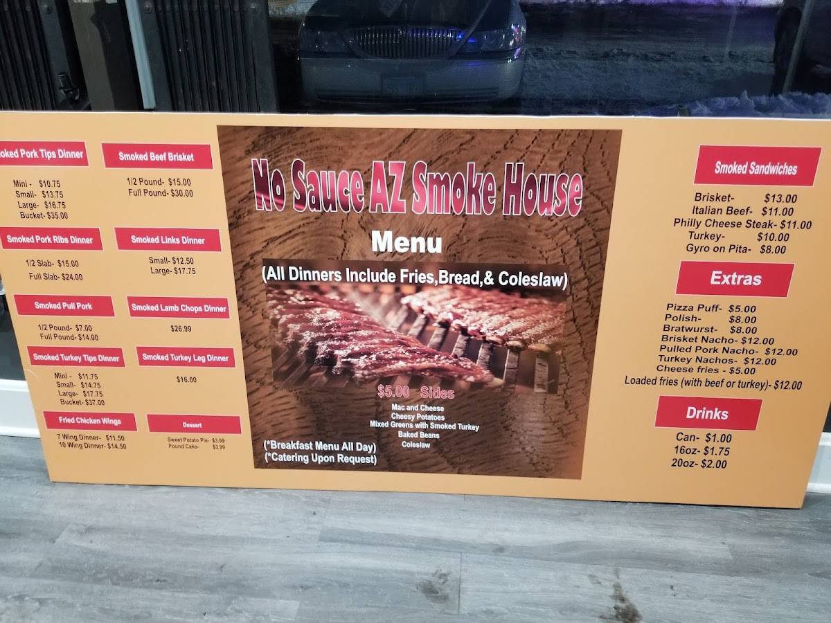 Menu at No Sauce AZ Smokehouse restaurant, Chicago