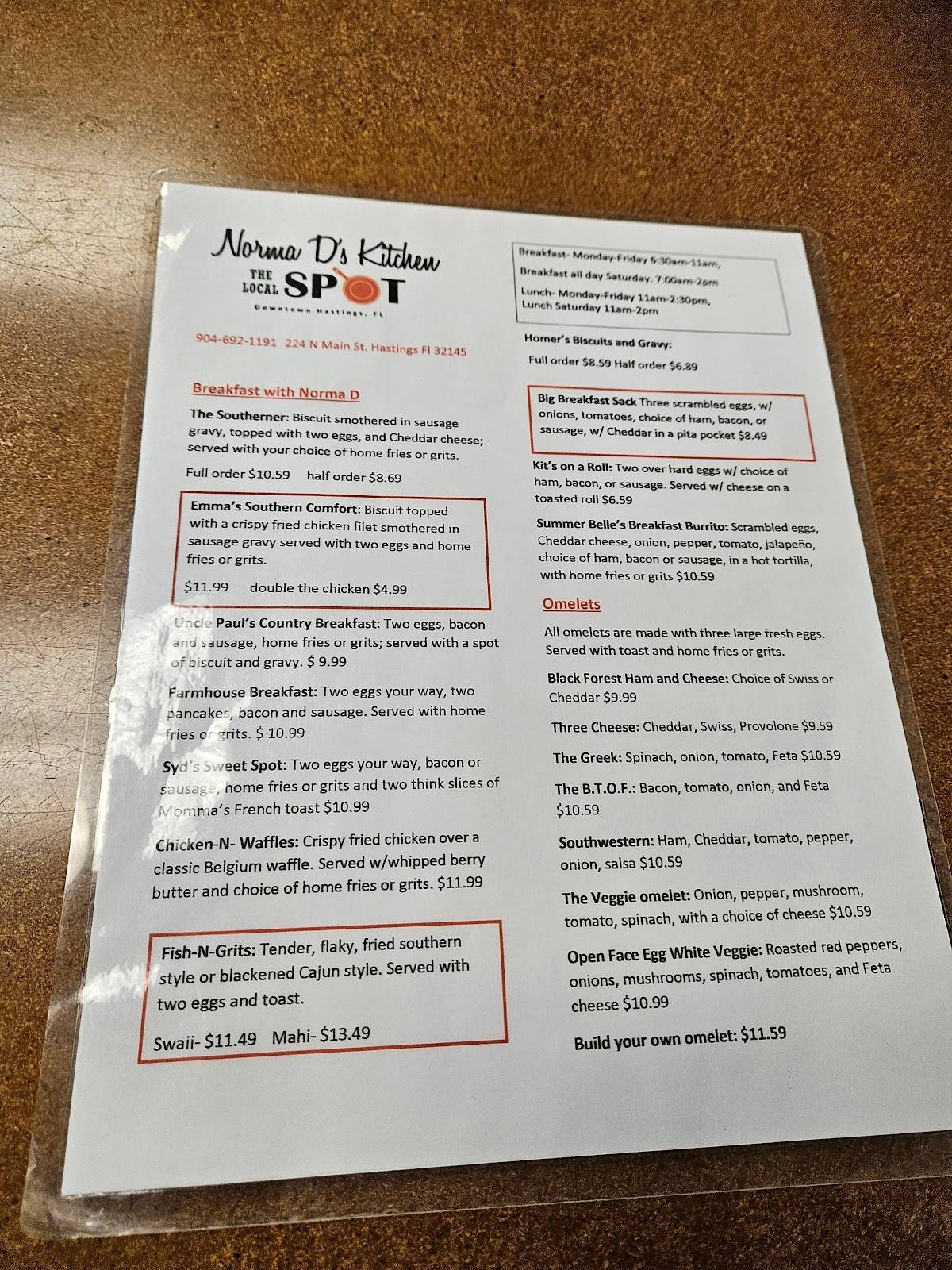 Menu at Norma D’s restaurant, Hastings
