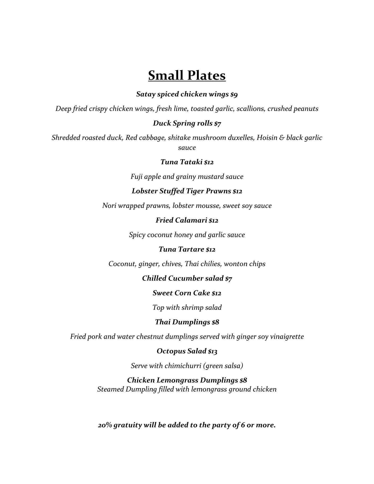 Menu at Nui Nui Kitchen restaurant, Phoenixville