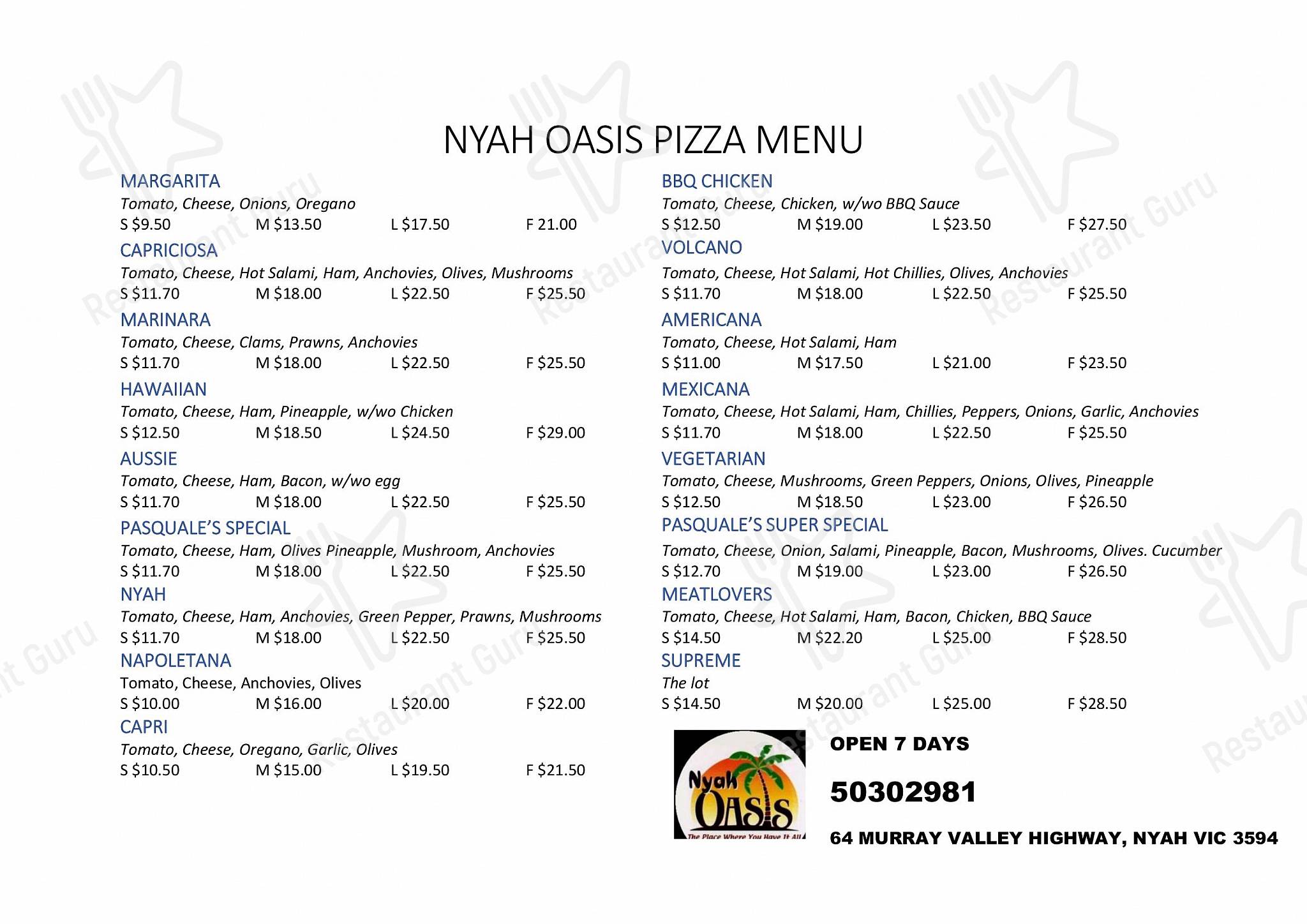 Menu at NYAH OASIS BAR CHINESE RESTAURANT AND ROADHOUSE, Nyah