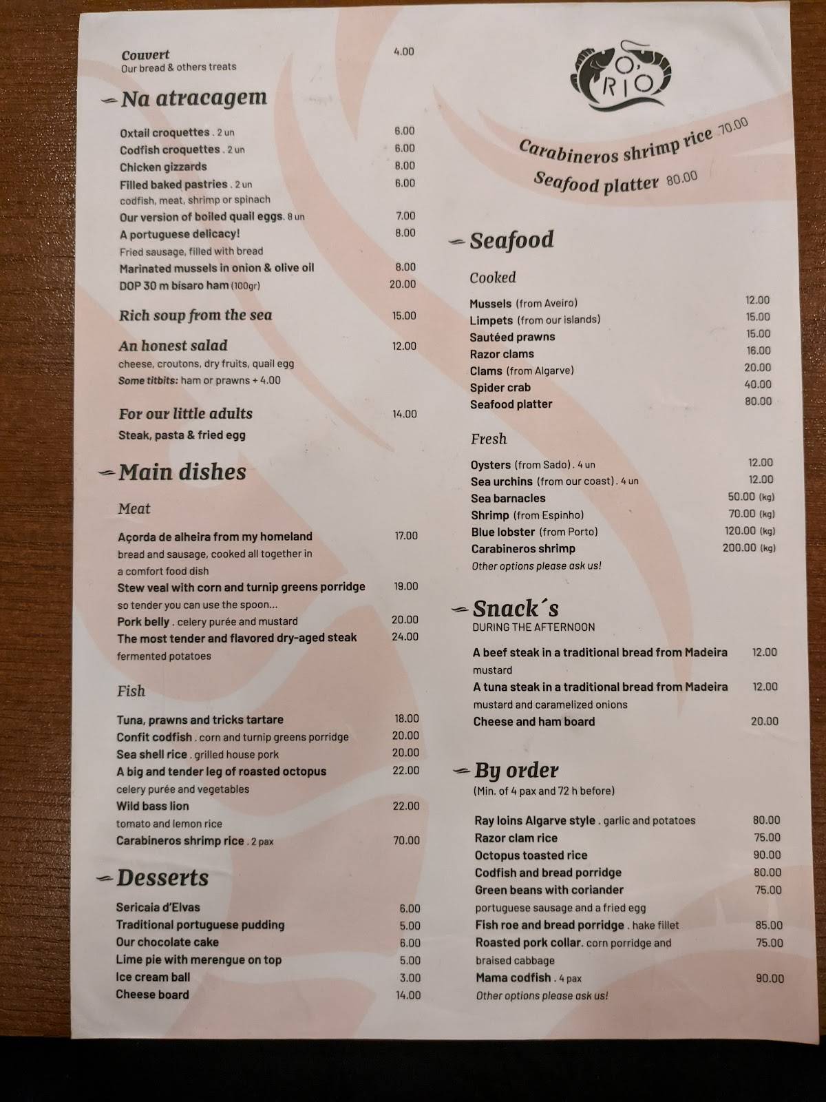 Menu at O' Rio restaurant, Porto