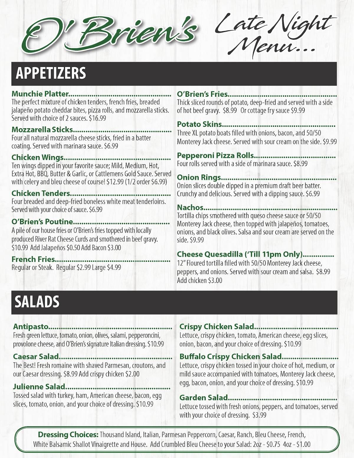 Menu at O'Briens Restaurant & Bar, Clayton