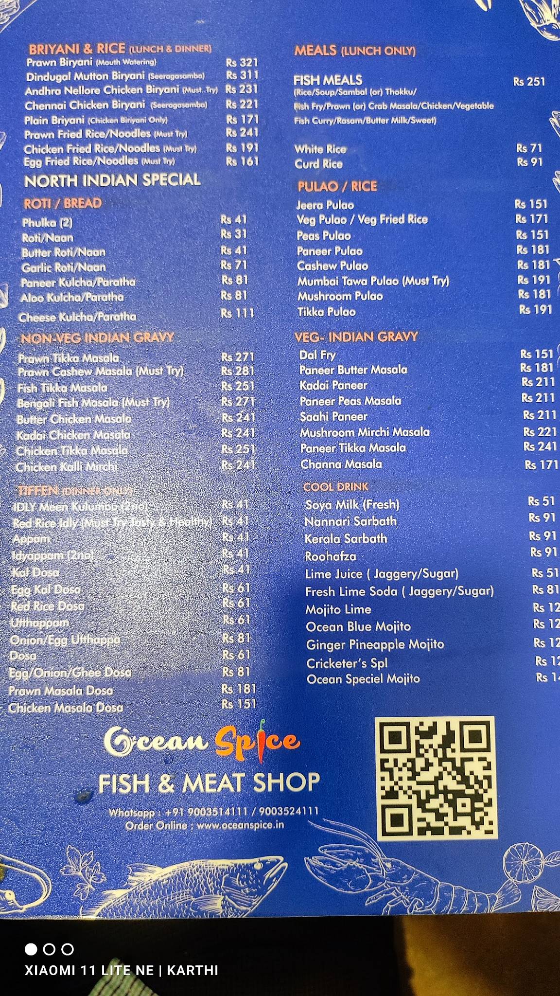Menu at OCEAN SPICE, Salem